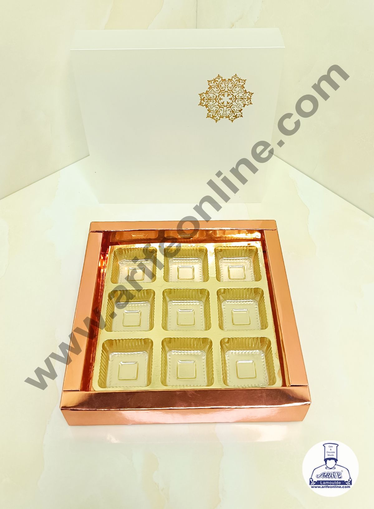 CAKE DECOR™ 9 Cavity Metallic Design Chocolate Box with Sliding Cover ...