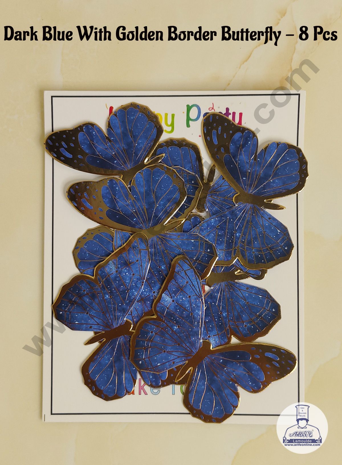 CAKE DECOR™ 8 Pcs Dark Blue Butterfly With Golden Border Paper Topper ...