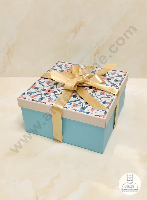 Home CAKE DECOR™ Floral Cyan Hard Hamper Box With Ribbon Top Bottom Box ...