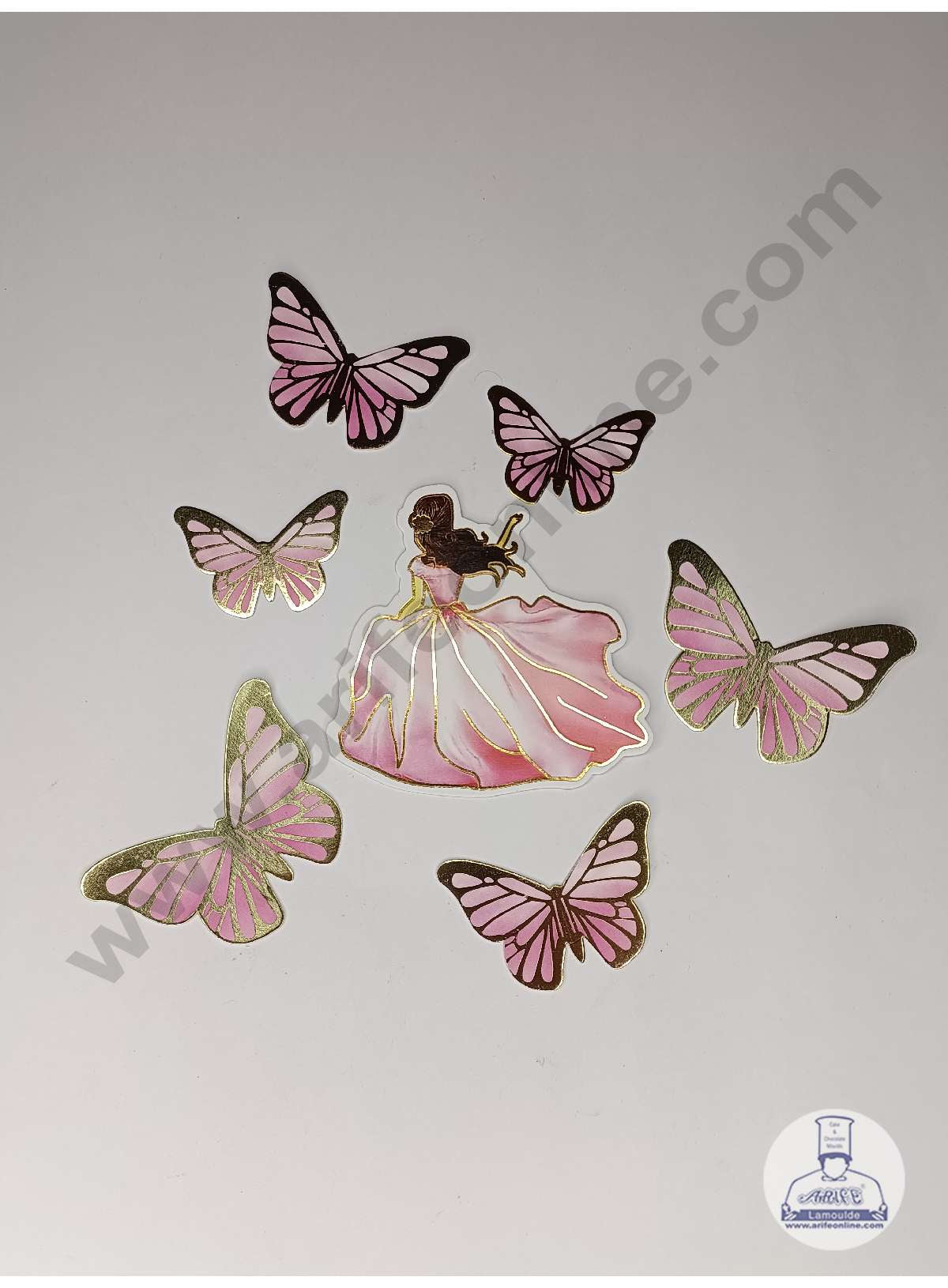 CAKE DECOR™ 7 pcs Pink Lady with Butterfly Theme Paper Topper For Cake ...