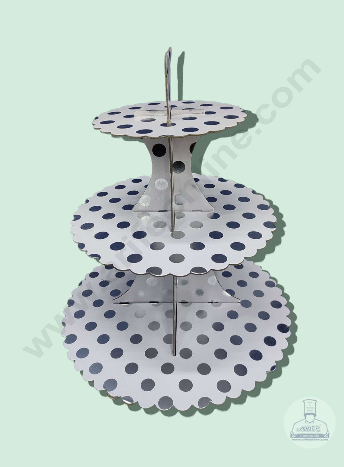Cake Decor邃 3 Tier Cardboard Cupcake Stand White Silver Polka Dot De