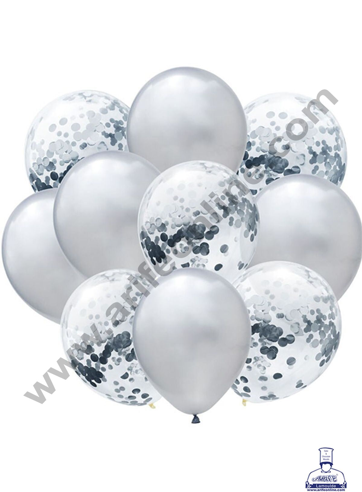 Cake Decor Silver Balloons with Confetti Balloons Set ( Pack of 10 Pcs ...
